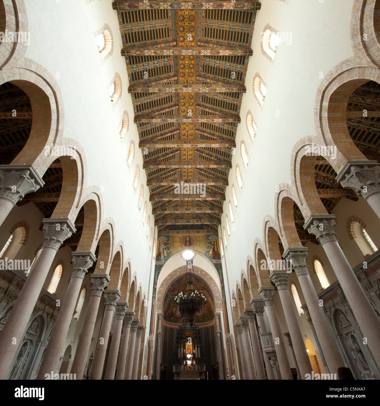 Interior of Messina, Sicily Cathedral with mosaic floors, arches ...