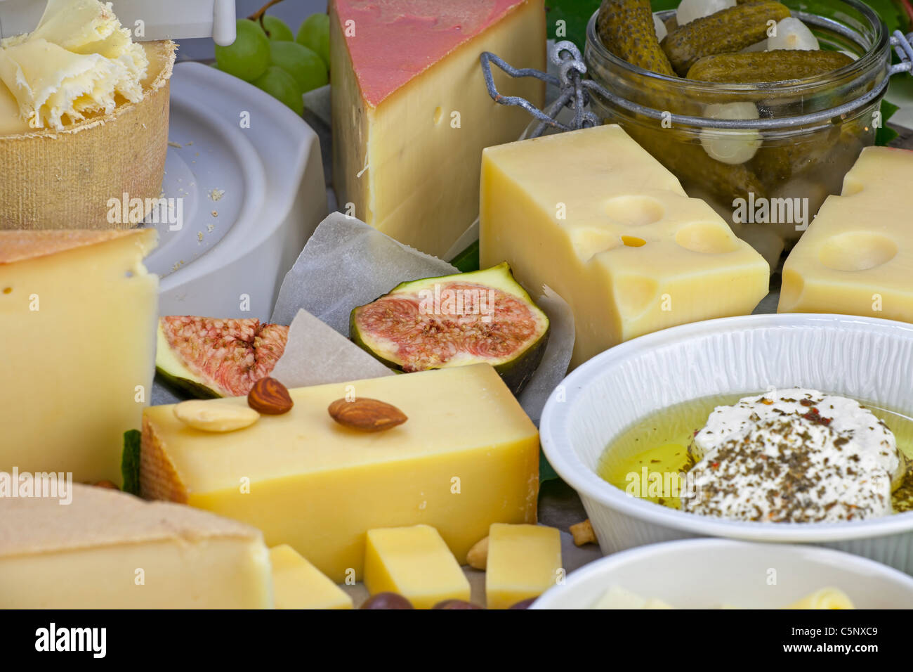 a rich cheese plate, covered as a buffet, consisting of a variety of ...
