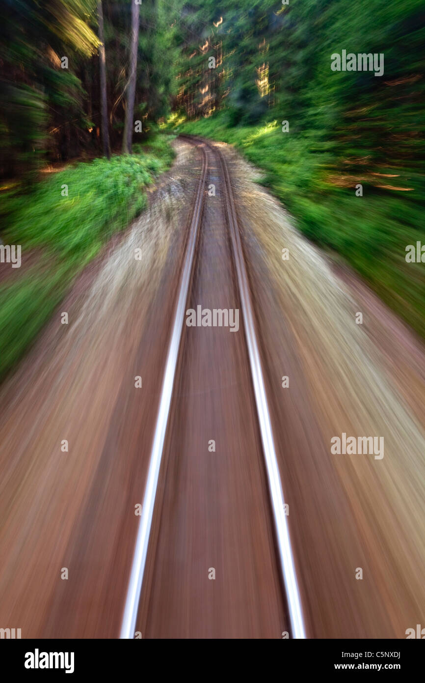 View of narrow gauge railroad track from rear window of train riding ...