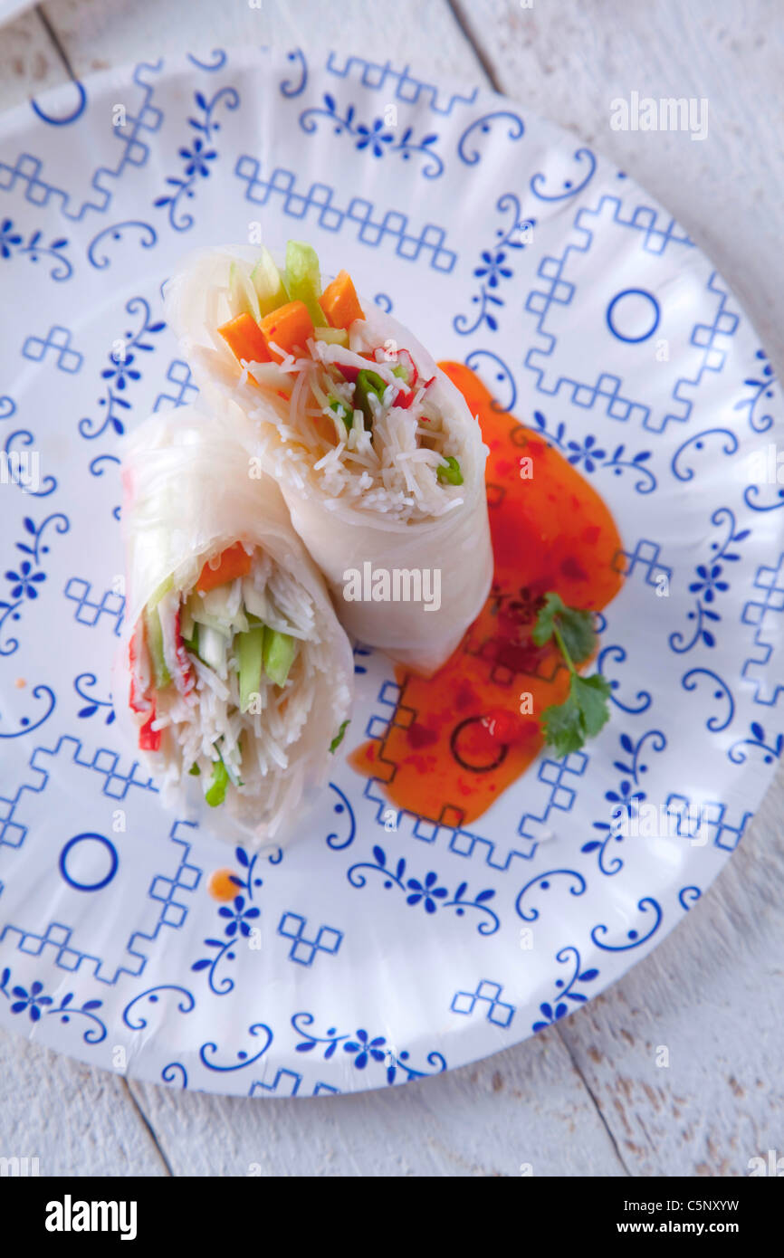Single plate with spring rolls Stock Photo - Alamy
