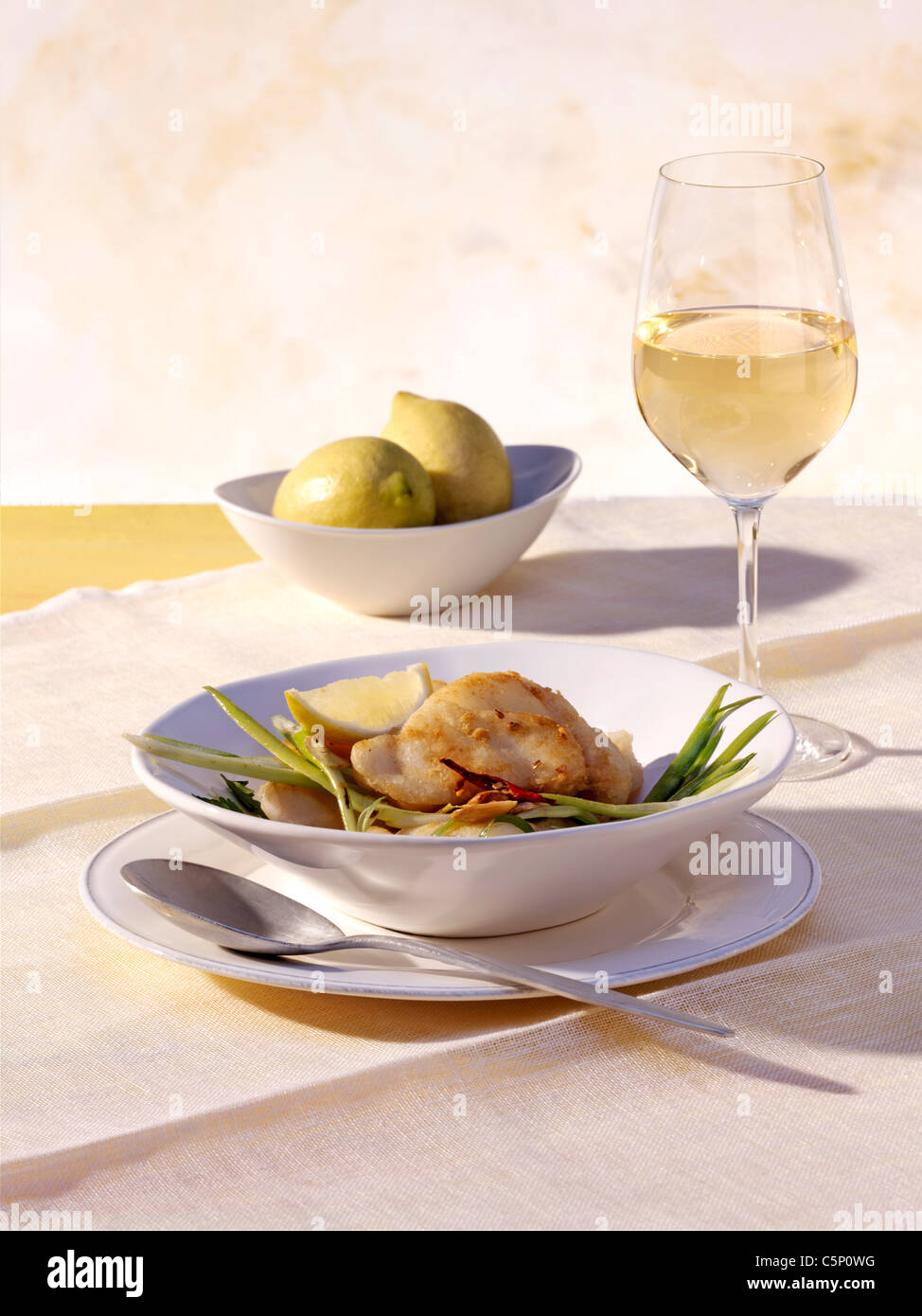 Monkfish with chili, almond and garlic Stock Photo - Alamy