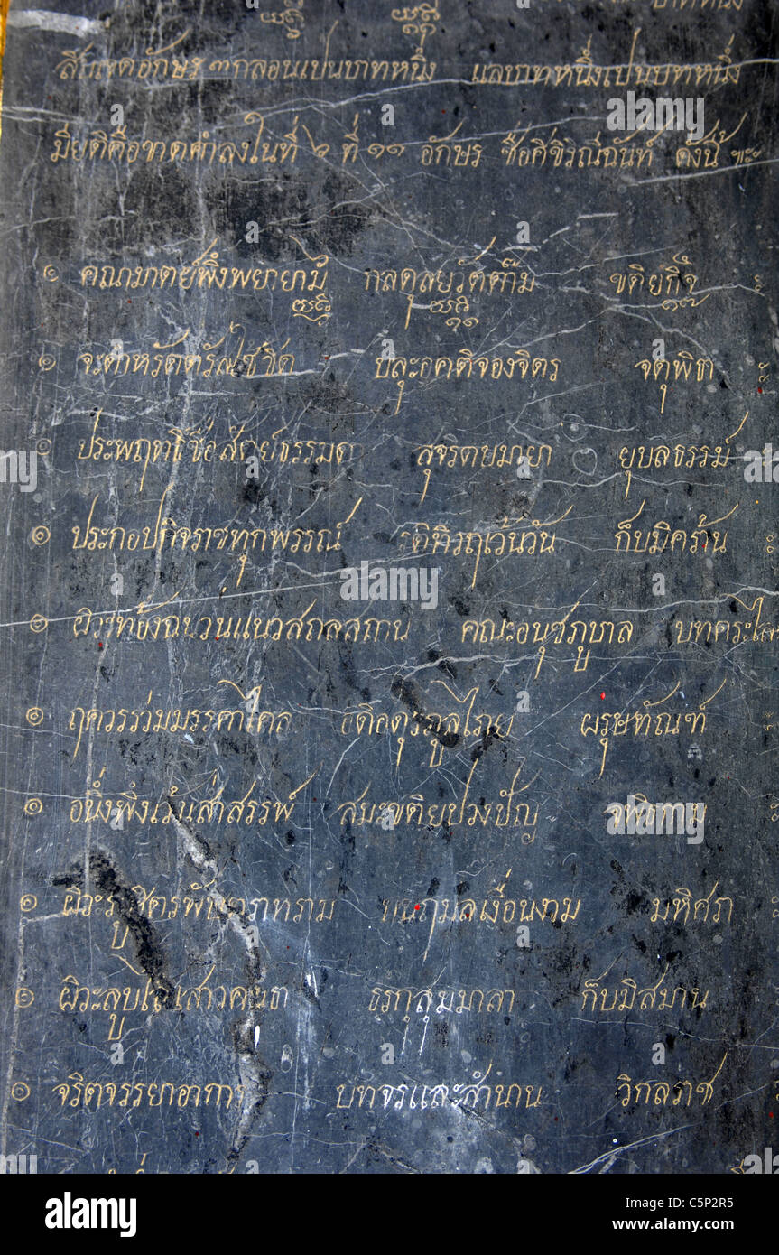 Ancient writing on slate tablet, Wat Arun Temple, Bangkok, Thailand ...