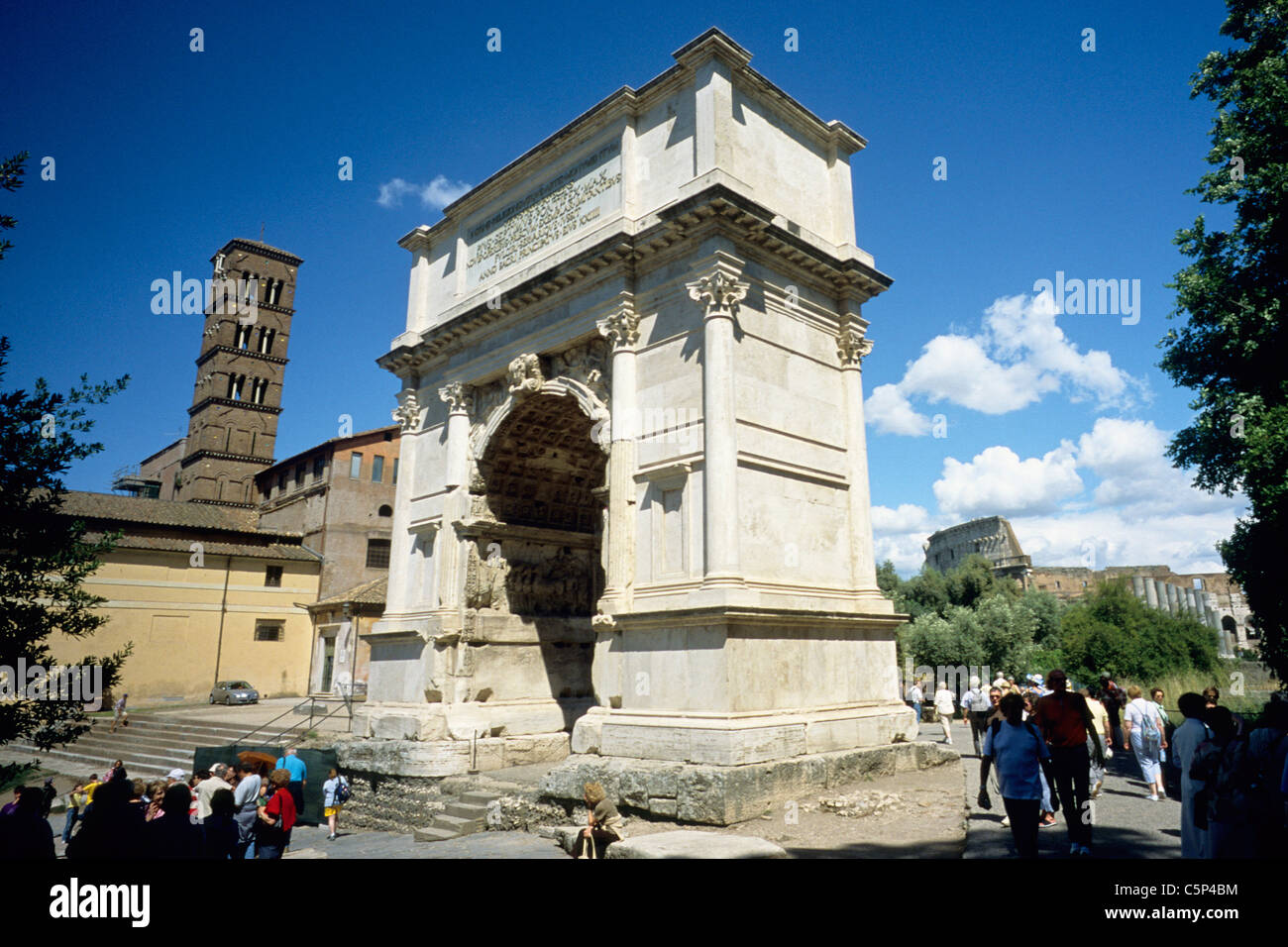 Rome, Italy. The Arch of Titus in the Roman Forum, and The Campanile of ...