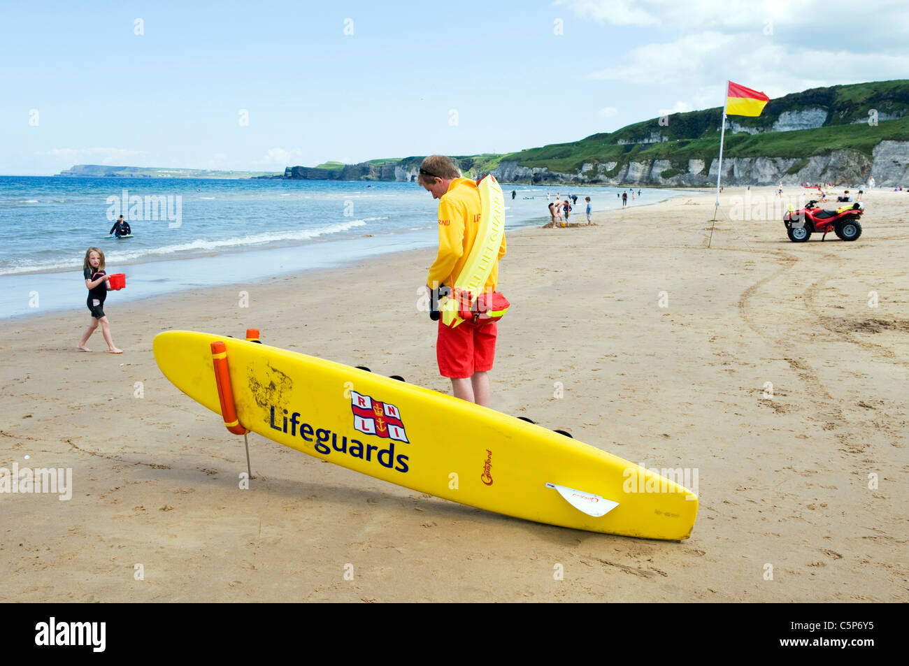 The White Rocks beach in Portrush, Northern Ireland. Lifeguards patrol ...