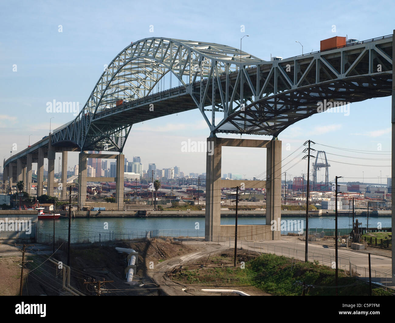 Metal span bridge in a industrial section of Long Beach California ...