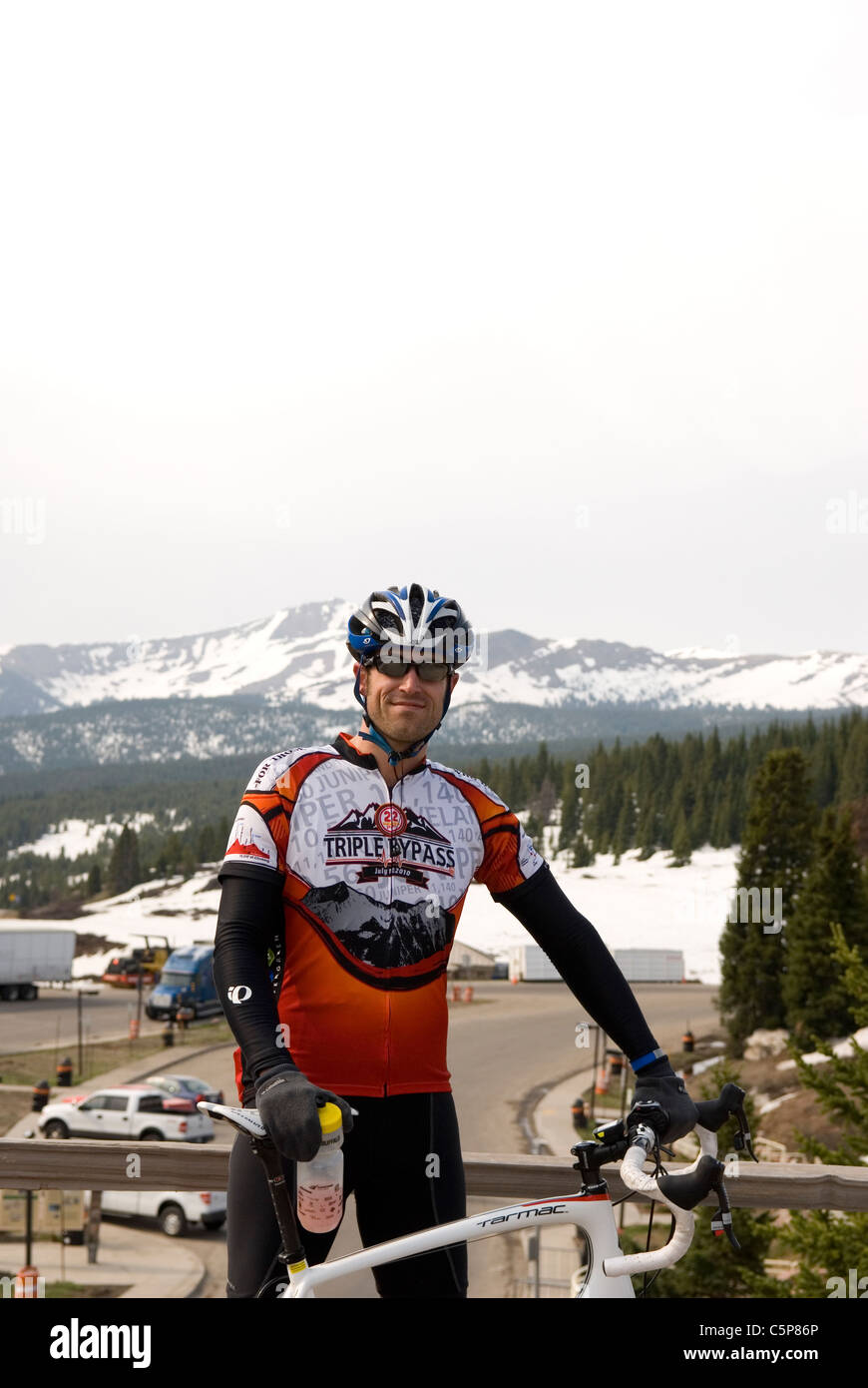 Caucasian Male Biker at Rest Stop on Mountain Trail Colorado USA Stock ...