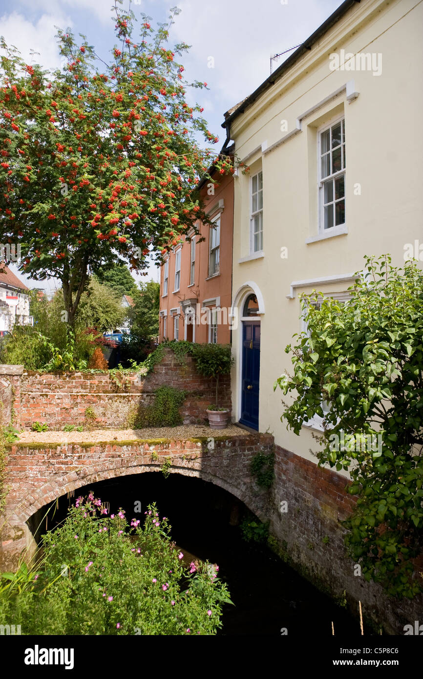 River Box passing the front of houses in Boxford, Suffolk, England ...
