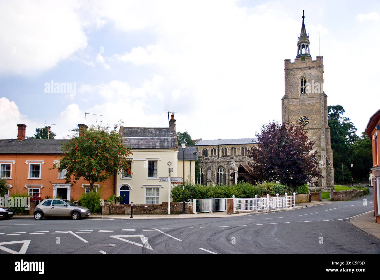 Houses and St Mary Church, Swan Street, Boxford, Suffolk, England Stock ...