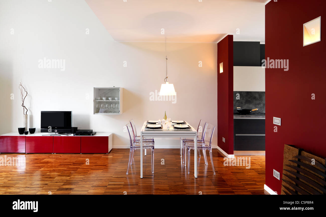 modern dining table in the living room with kitchen view Stock Photo ...