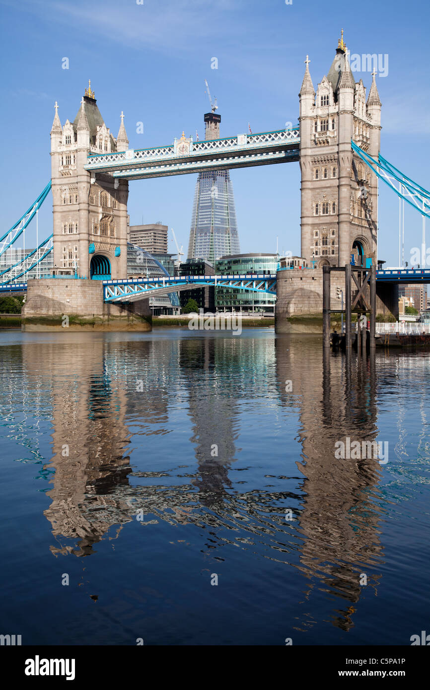 Reflections of London Shard and Tower Bridge on River Thames Stock ...