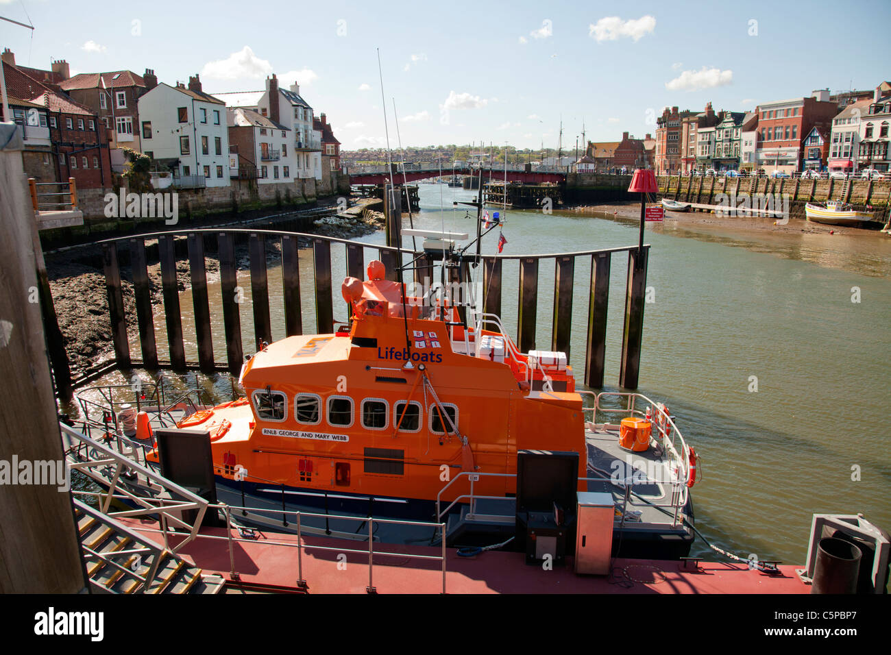 Whitby, Yorkshire, England, RNLI rescue boat docked in harbour waiting ...