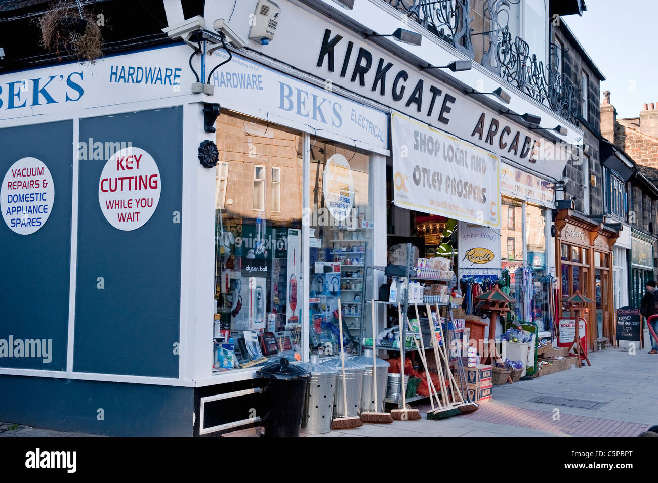 Kirkgate Arcade entrance, hardware shop exterior, goods displayed on ...