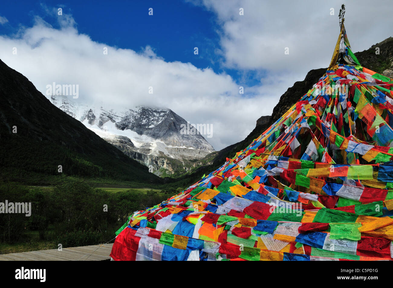 Tibetan prayer flags at Luorong Pasture. Daocheng Yading Nature Reserve ...