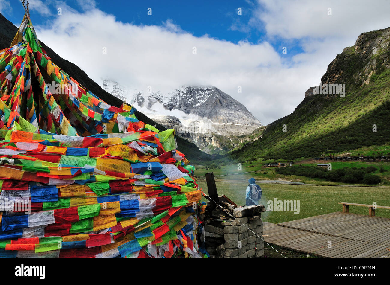 Tibetan prayer flags at Luorong Pasture. Daocheng Yading Nature Reserve ...