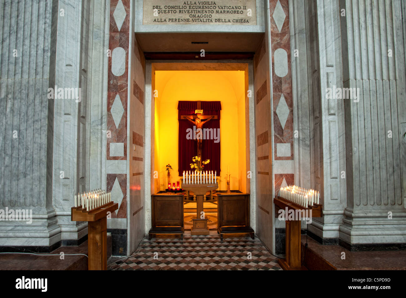 Interior of Messina, Sicily Cathedral with wood carving of Christ on ...