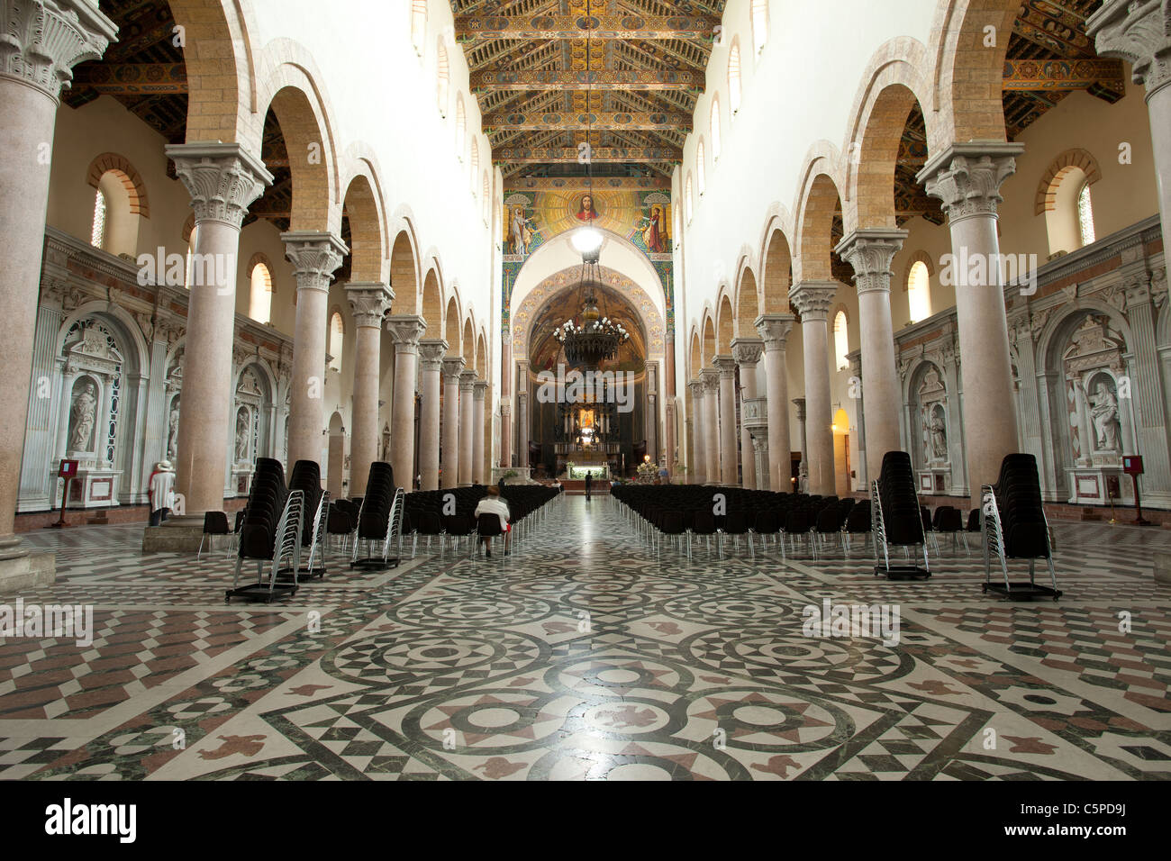 Interior of Messina, Sicily Cathedral with mosaic floors, arches ...