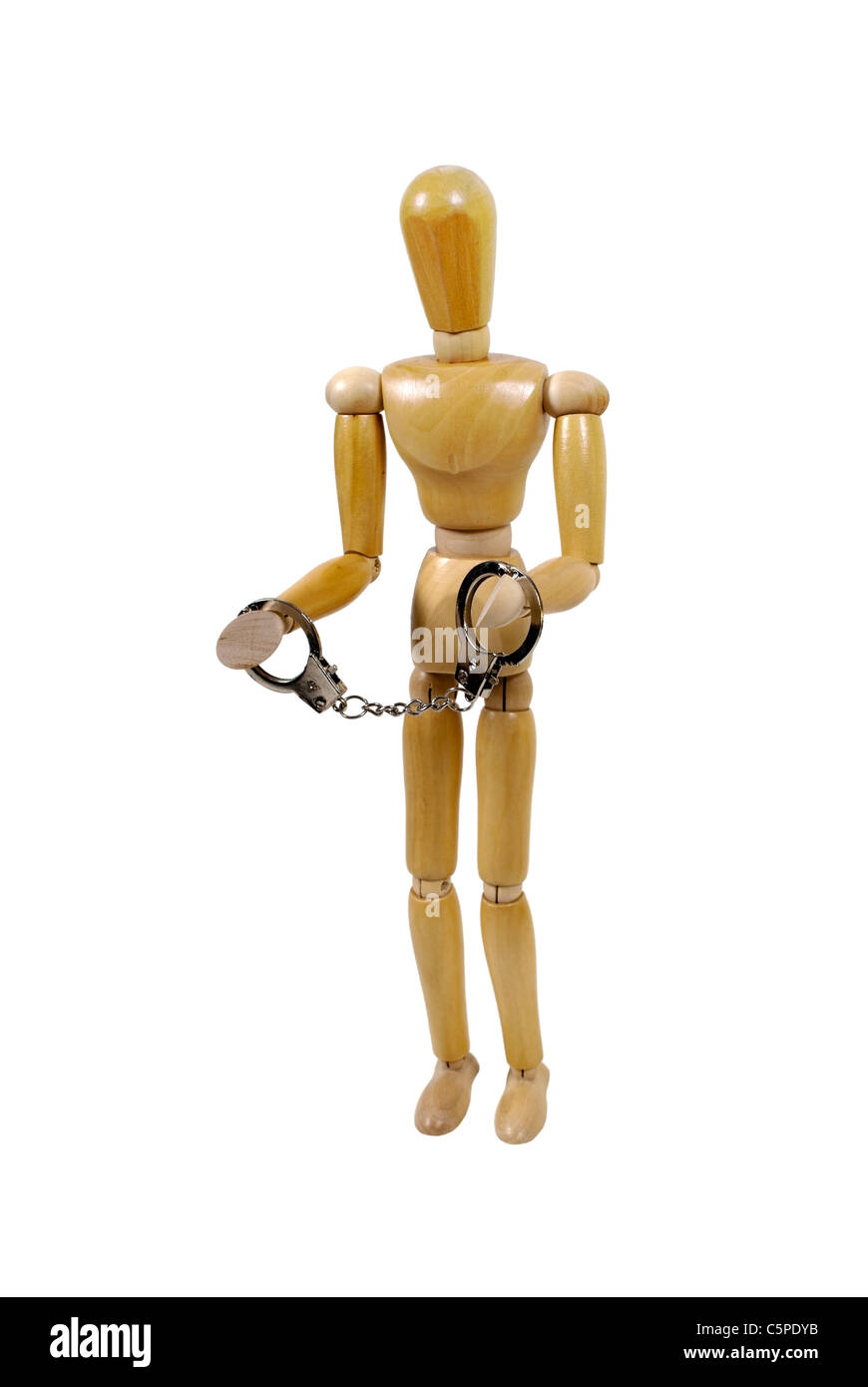 Arrested shown by model wearing handcuffs made of metal with mechanical ...