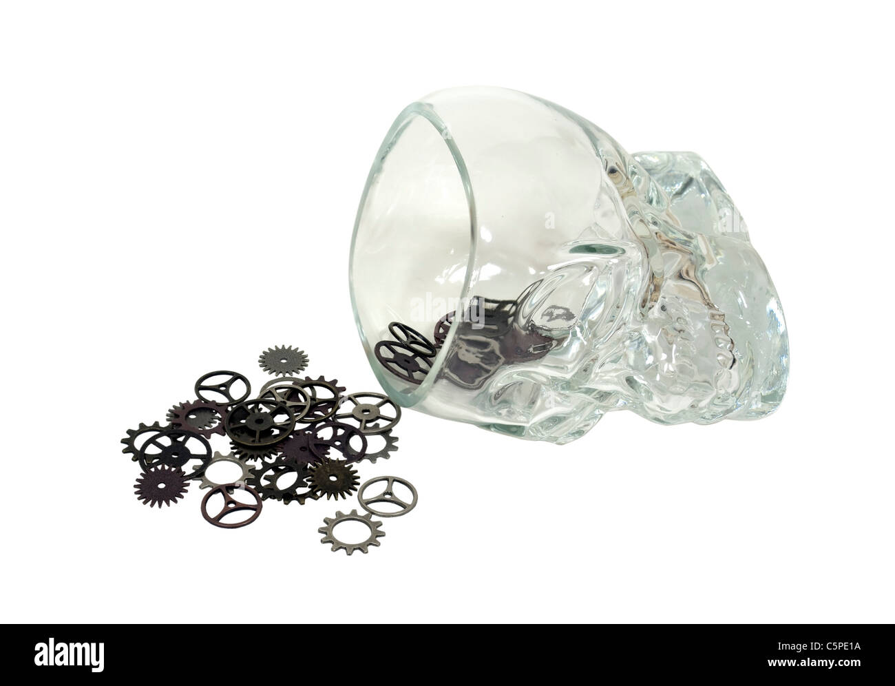 Getting ideas in gear shown by a heavy crystal skull with gears pouring ...