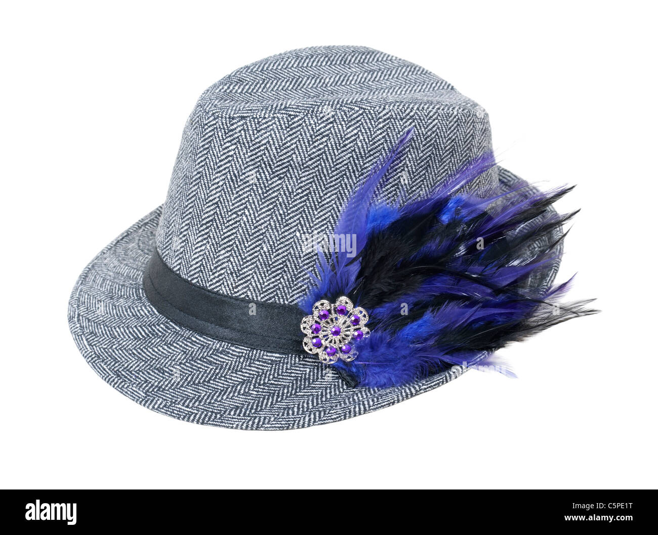 Houndstooth tweed hat with elegant gem and feather element for a ...