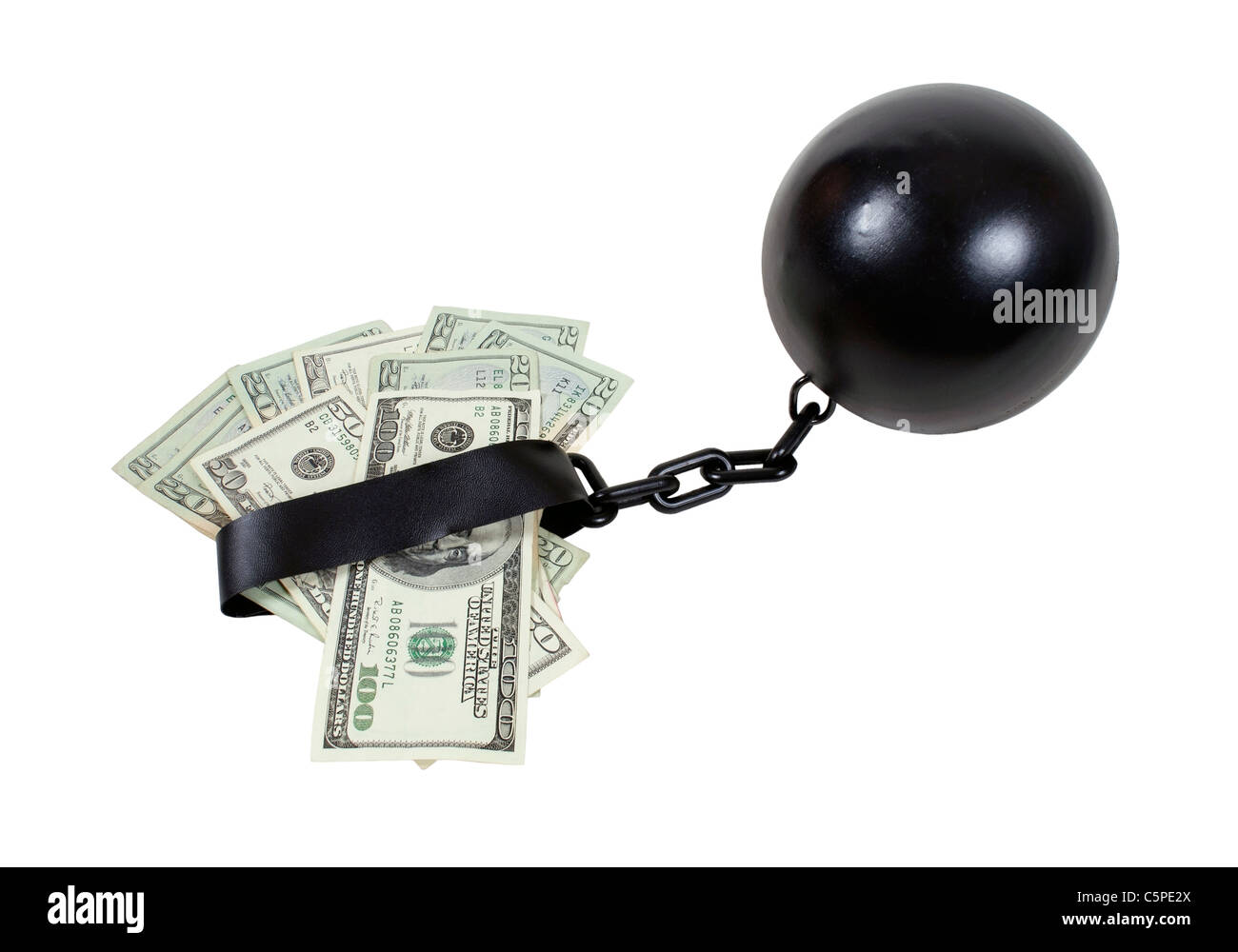 Money bound by interest shown by money attached to a ball and chain ...