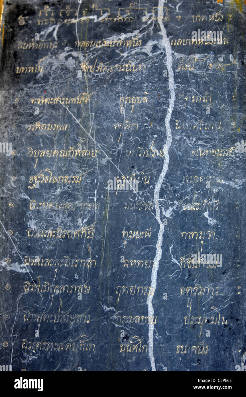 Ancient writing on slate tablet, Wat Arun Temple, Bangkok, Thailand ...