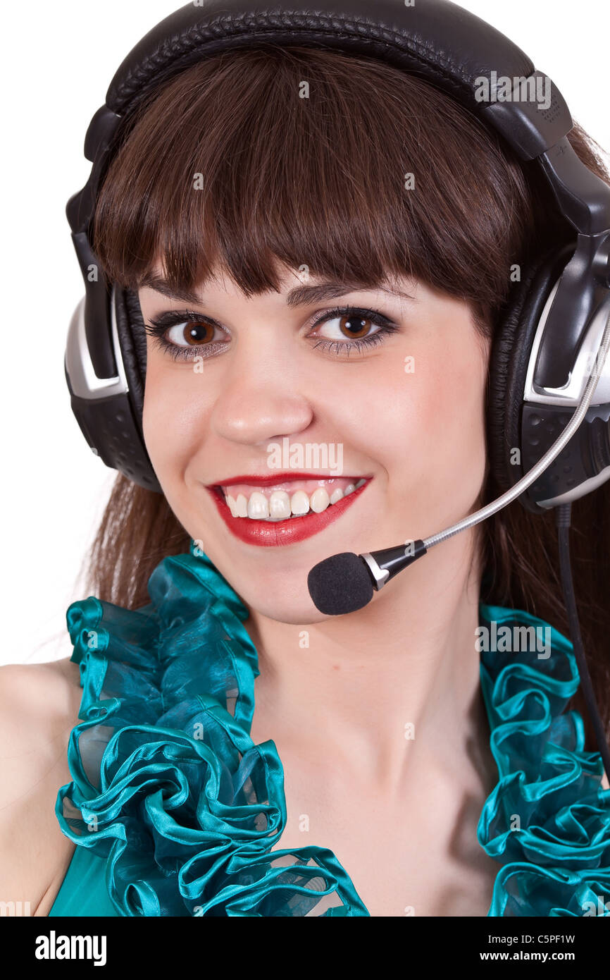 portrait of girl with headphones with microphone isolated on white ...