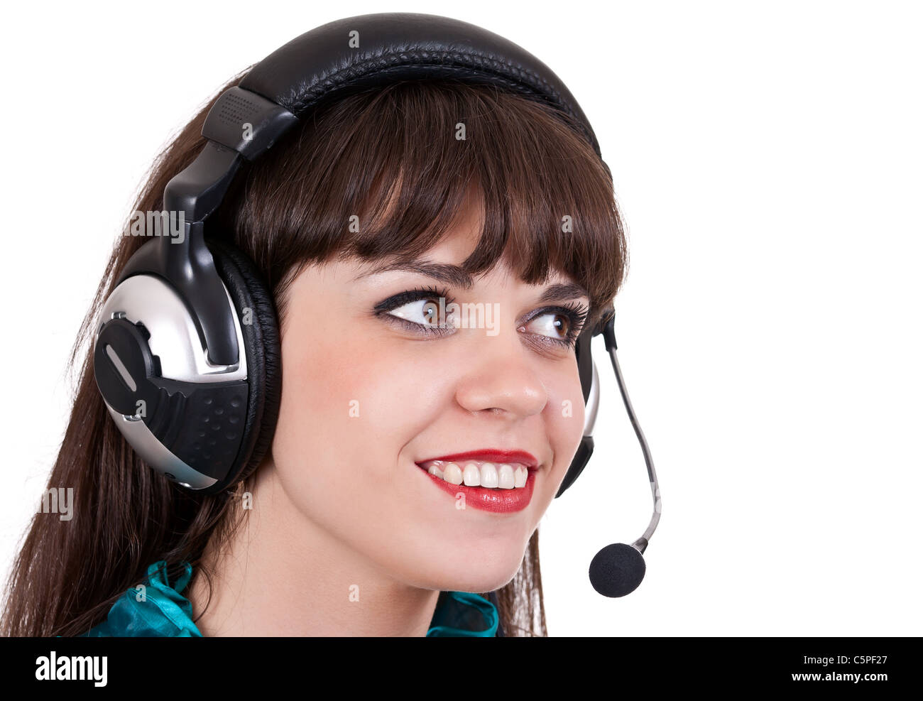 portrait of girl with headphones with microphone isolated on white ...
