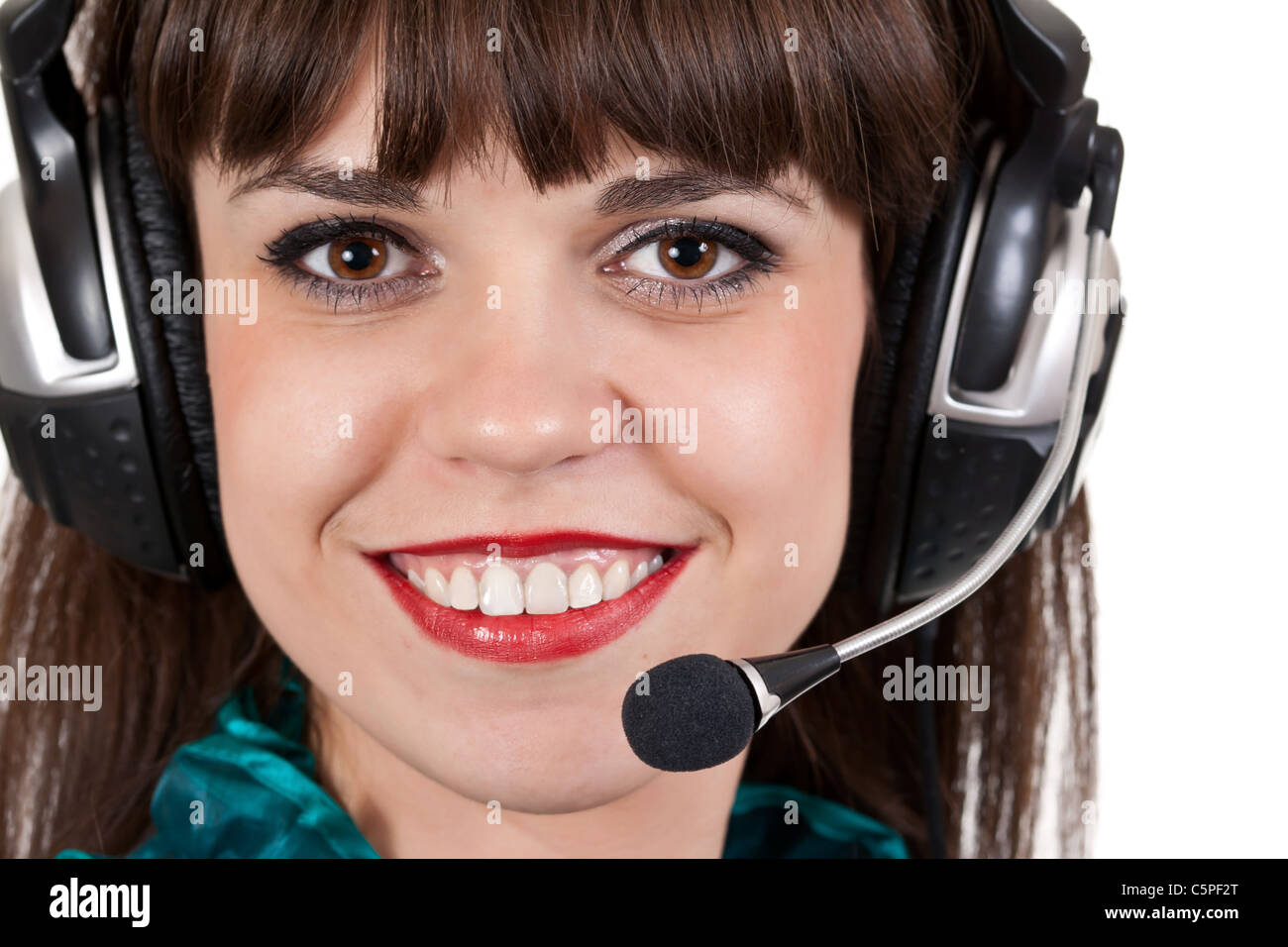portrait of girl with headphones with microphone isolated on white ...