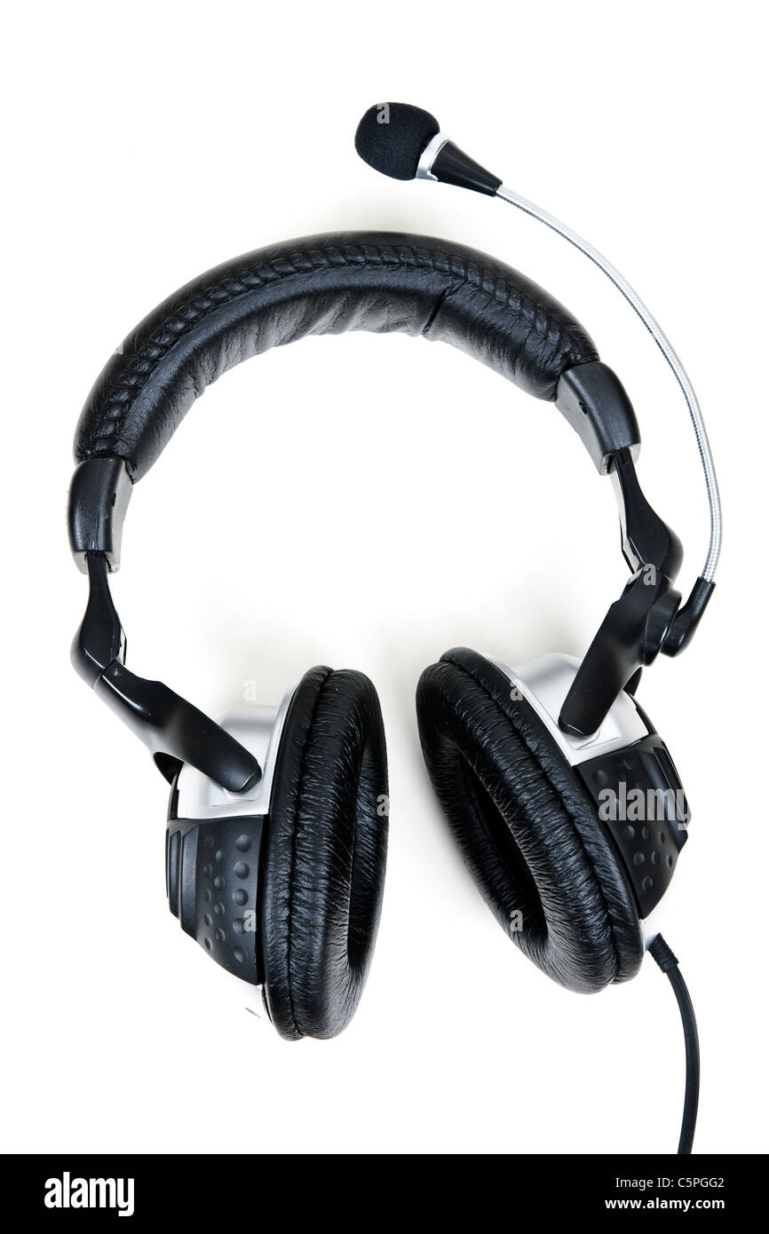 Leather headset with microphone isolated on white background Stock ...