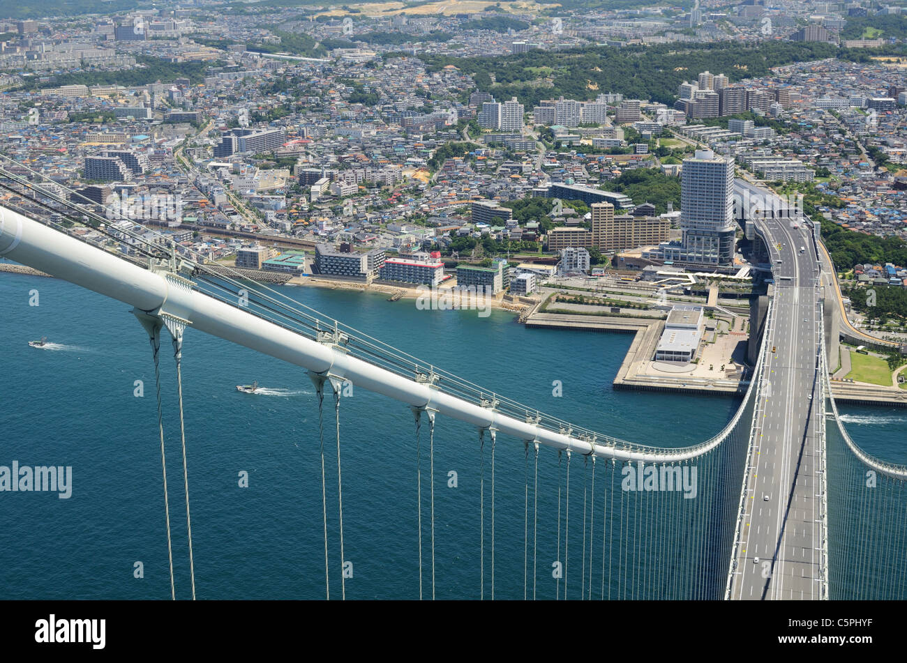 Akashi Kaikyo Bridge in Kobe, Japan, viewed from nearly 300 meters up ...