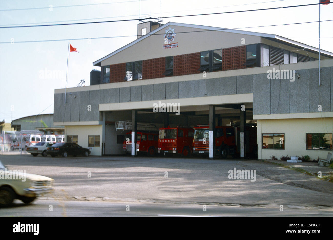 Port Of Spain Trinidad Fire Engines Parked In Fire Station Stock Photo ...