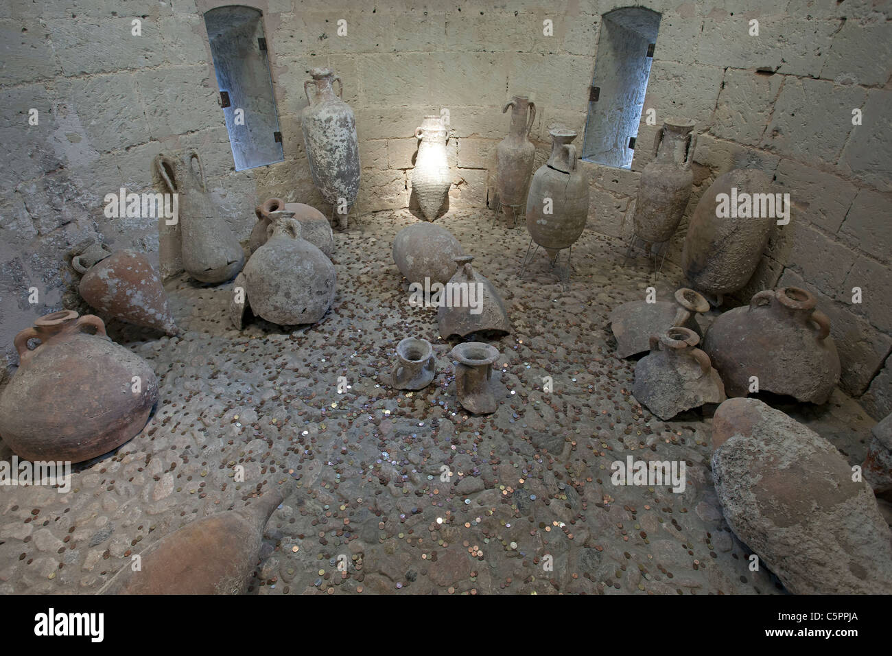 Ancient pots adorn the interior of the Roman, Greek Bellver Castle, in ...