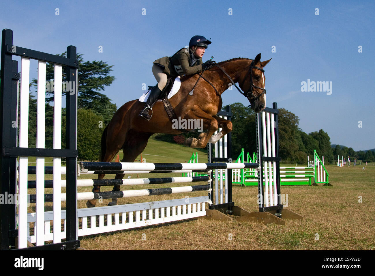 Horse & rider at cross-country horse trails; agility test, competitive ...