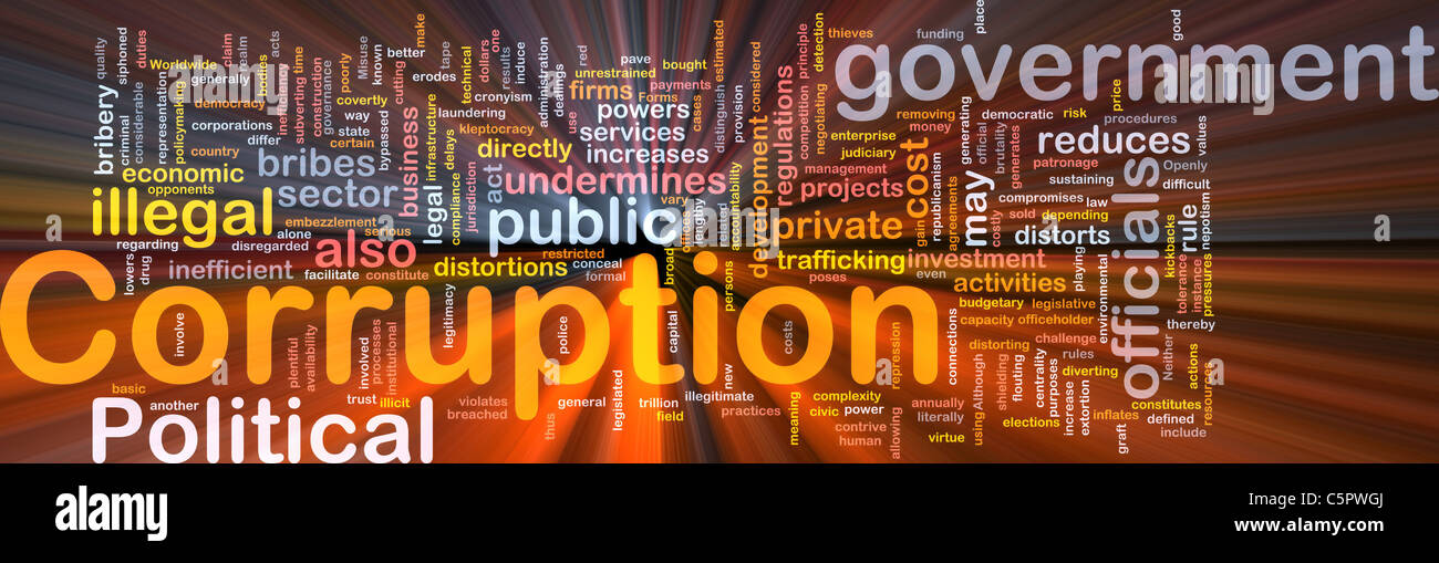 Background concept wordcloud illustration of corruption glowing light ...