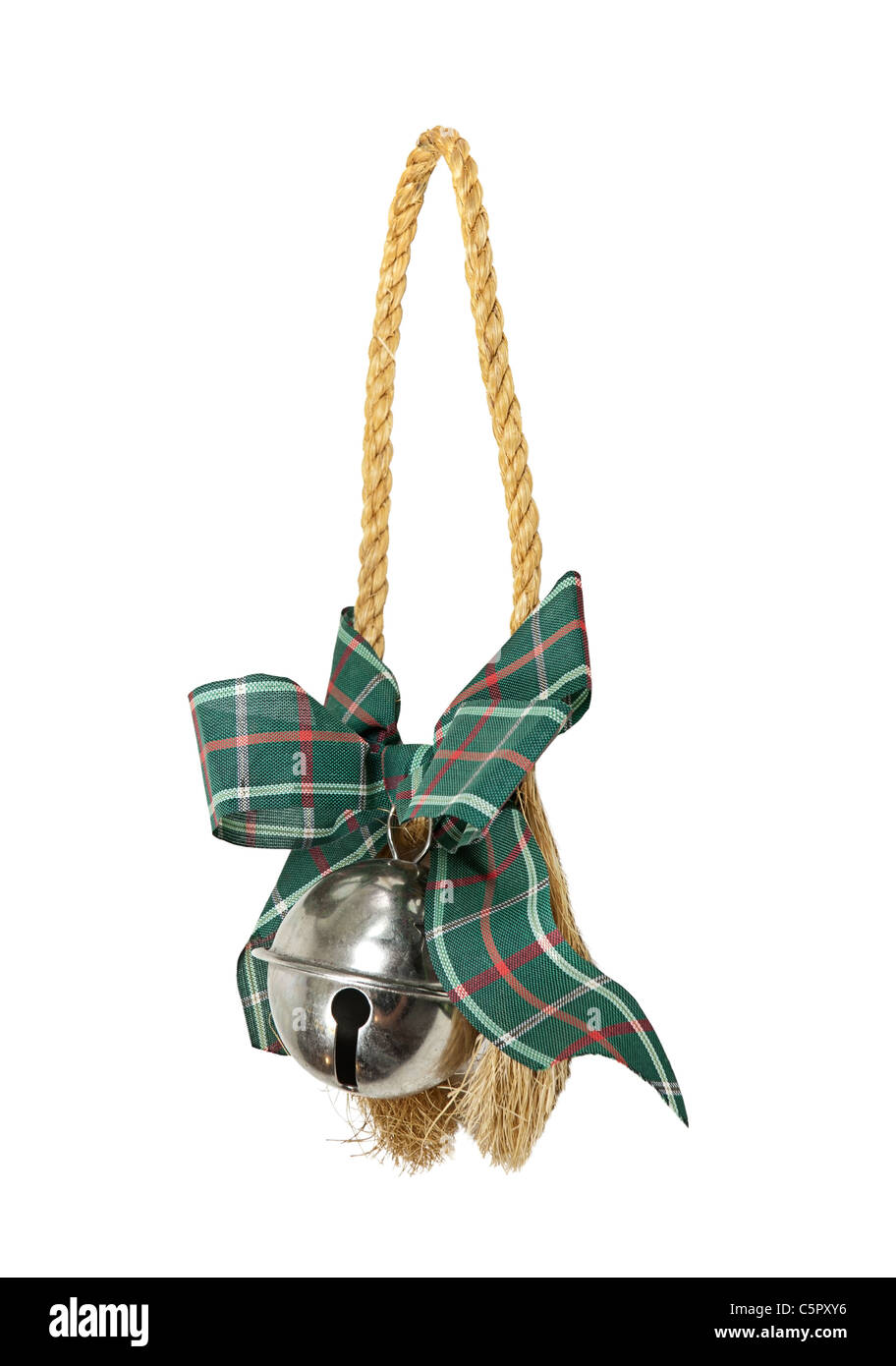 Country doorbell shown by a large silver bell on a rope that hangs from ...