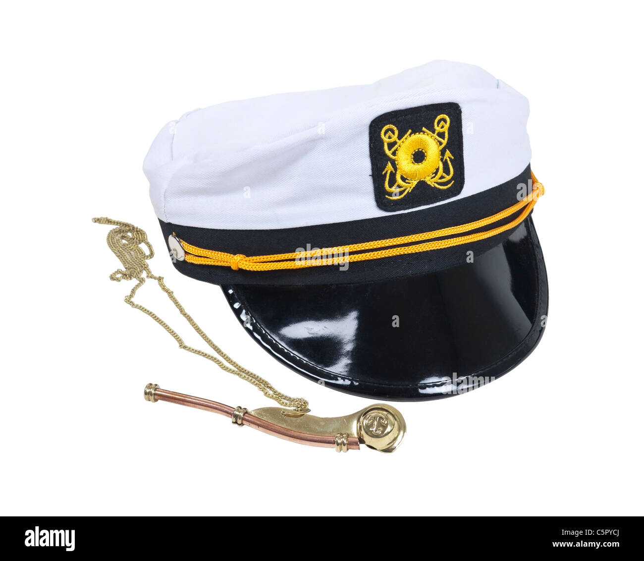 White Nautical hat with black brim and yellow braids with a brass ...
