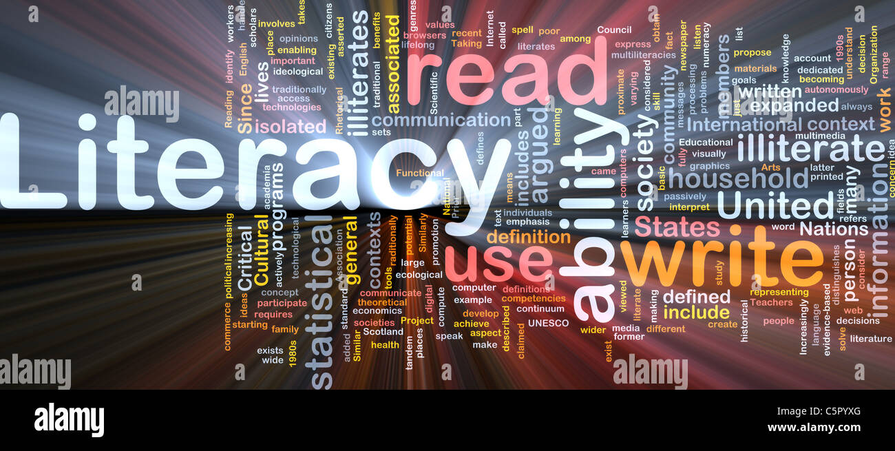 Background concept wordcloud illustration of literacy glowing light ...