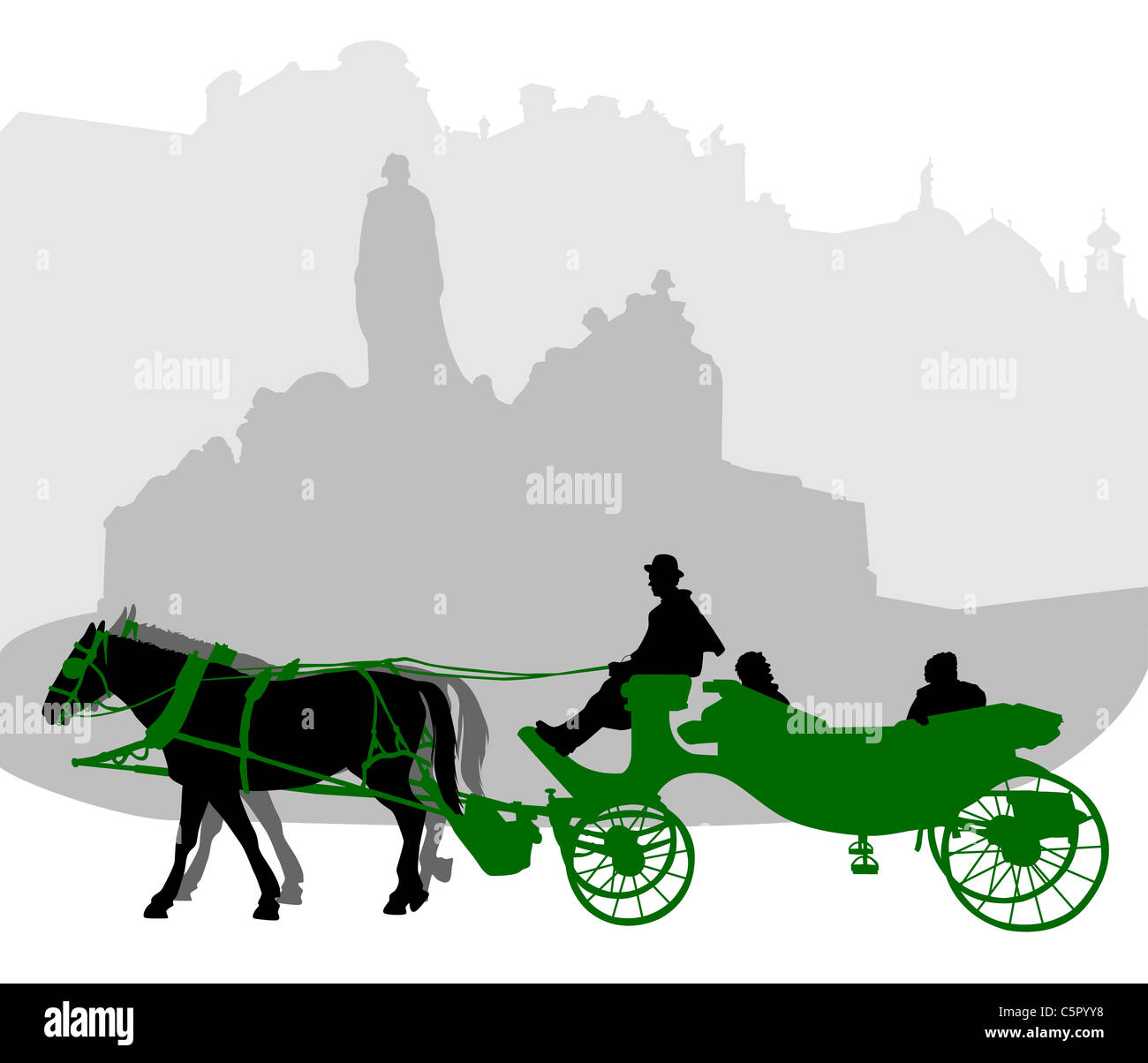 Silhouette of a carriage in Old Town Square in Prague near the monument ...