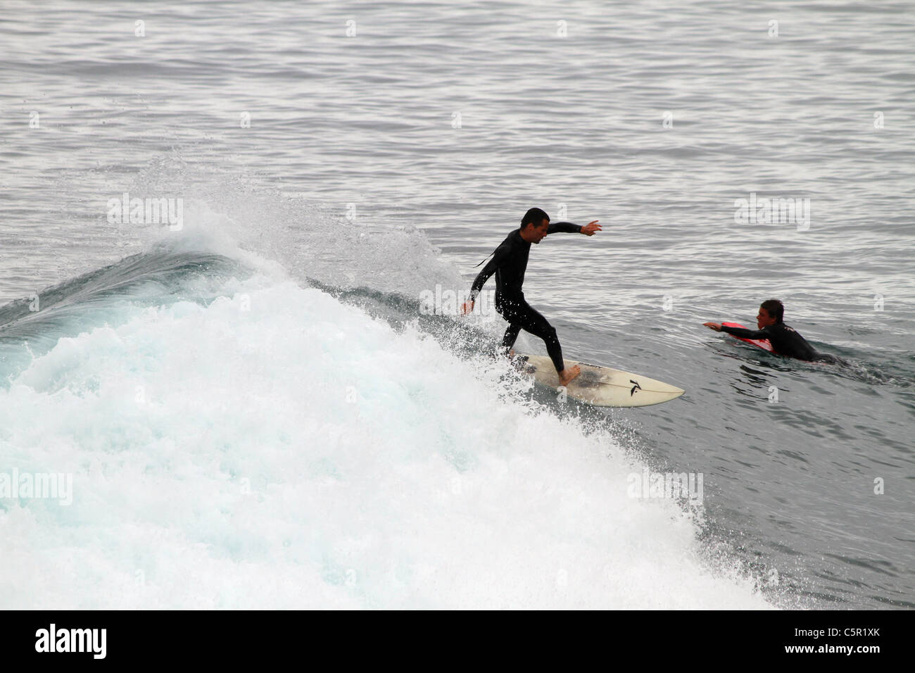 Surfing the waves at Ribeira Quente, São Miguel island, Azores Stock ...