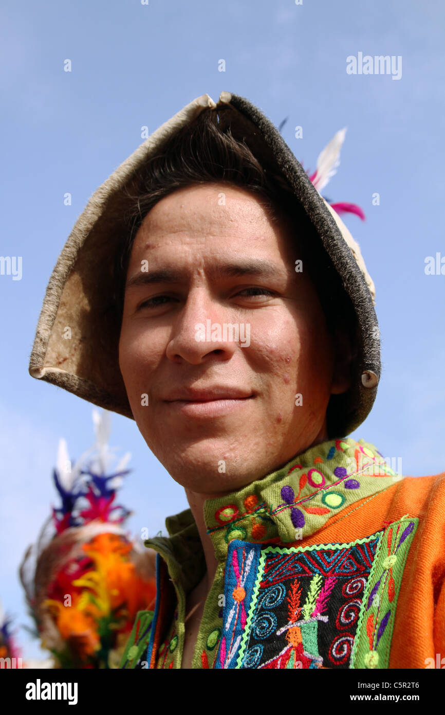 BOLIVIA. Native Aymara and Quechua dancer with traditional costume at a ...
