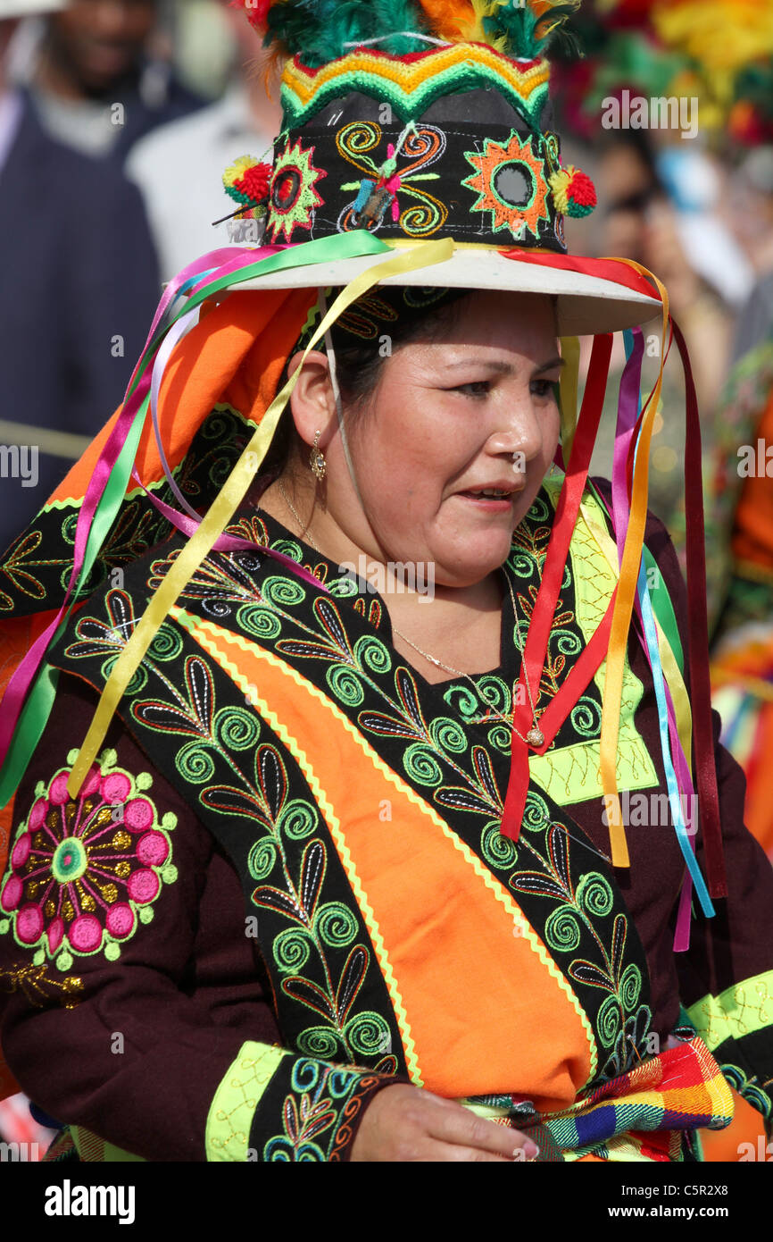 BOLIVIA. Native Aymara and Quechua dancer with traditional costume at a ...