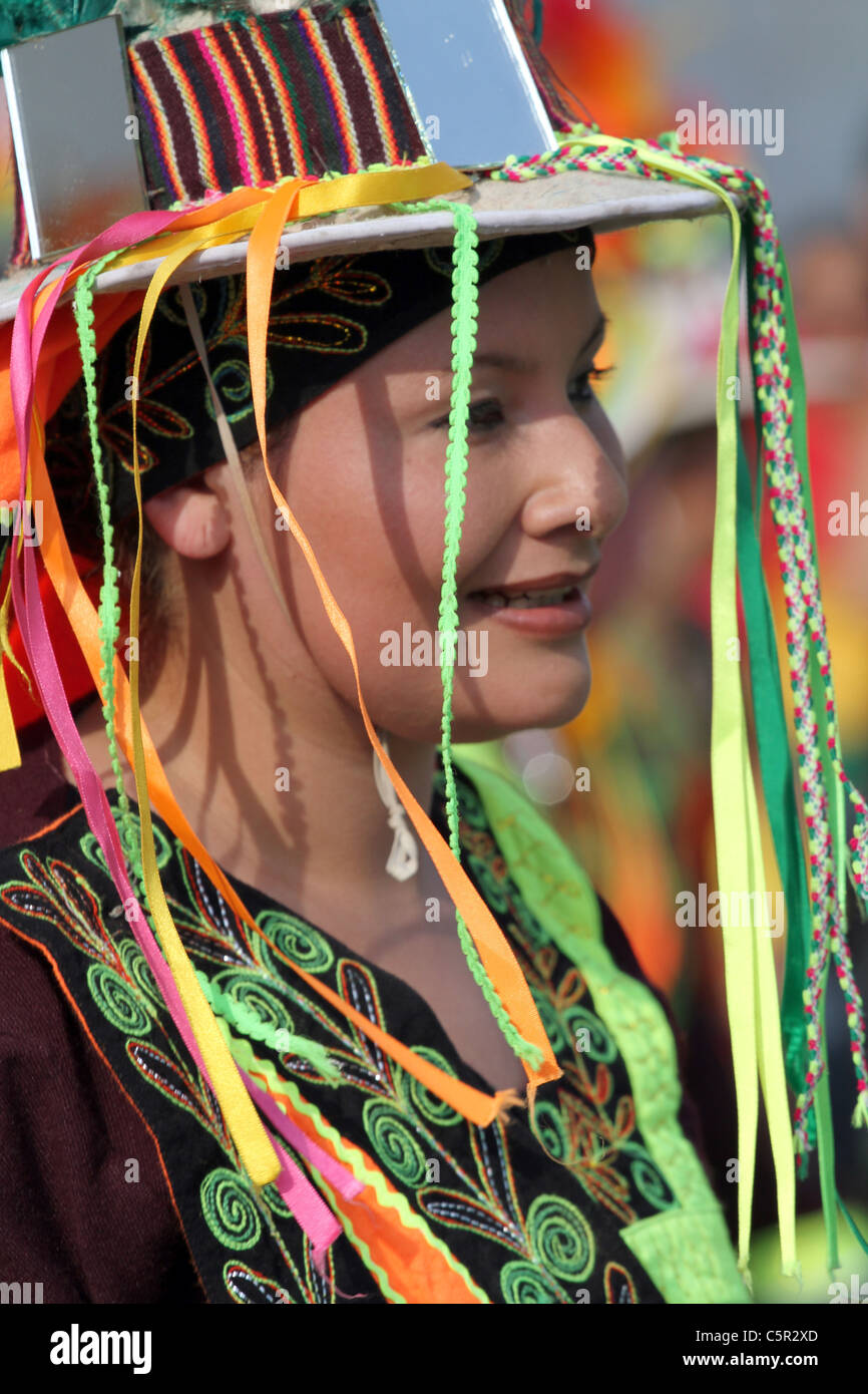 BOLIVIA. Native Aymara and Quechua dancer with traditional costume at a ...
