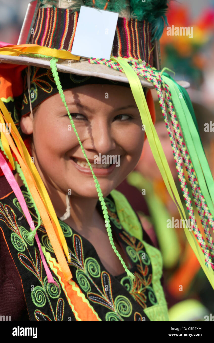 BOLIVIA. Native Aymara and Quechua dancer with traditional costume at a ...