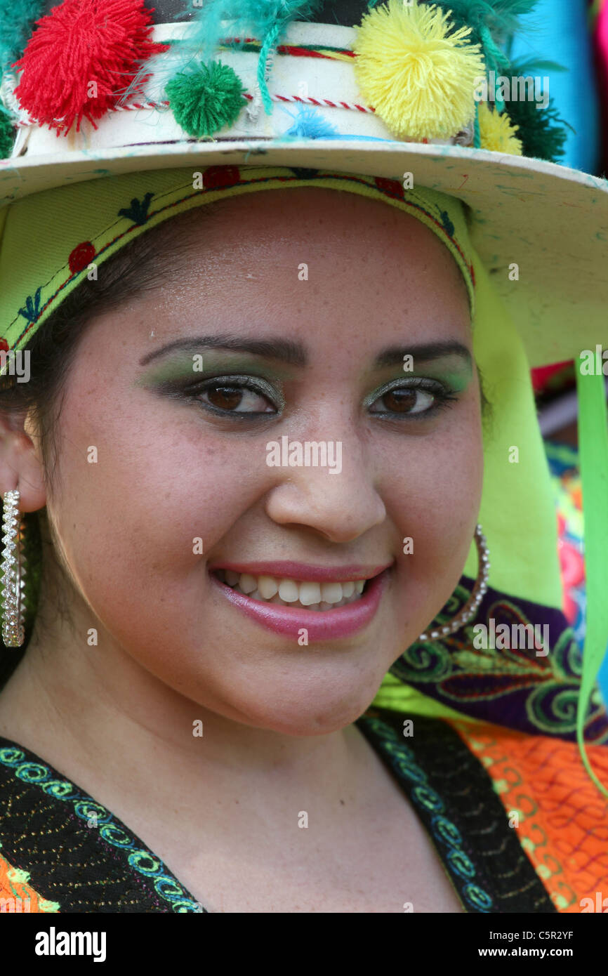 BOLIVIA. Native Aymara and Quechua dancer with traditional costume at a ...