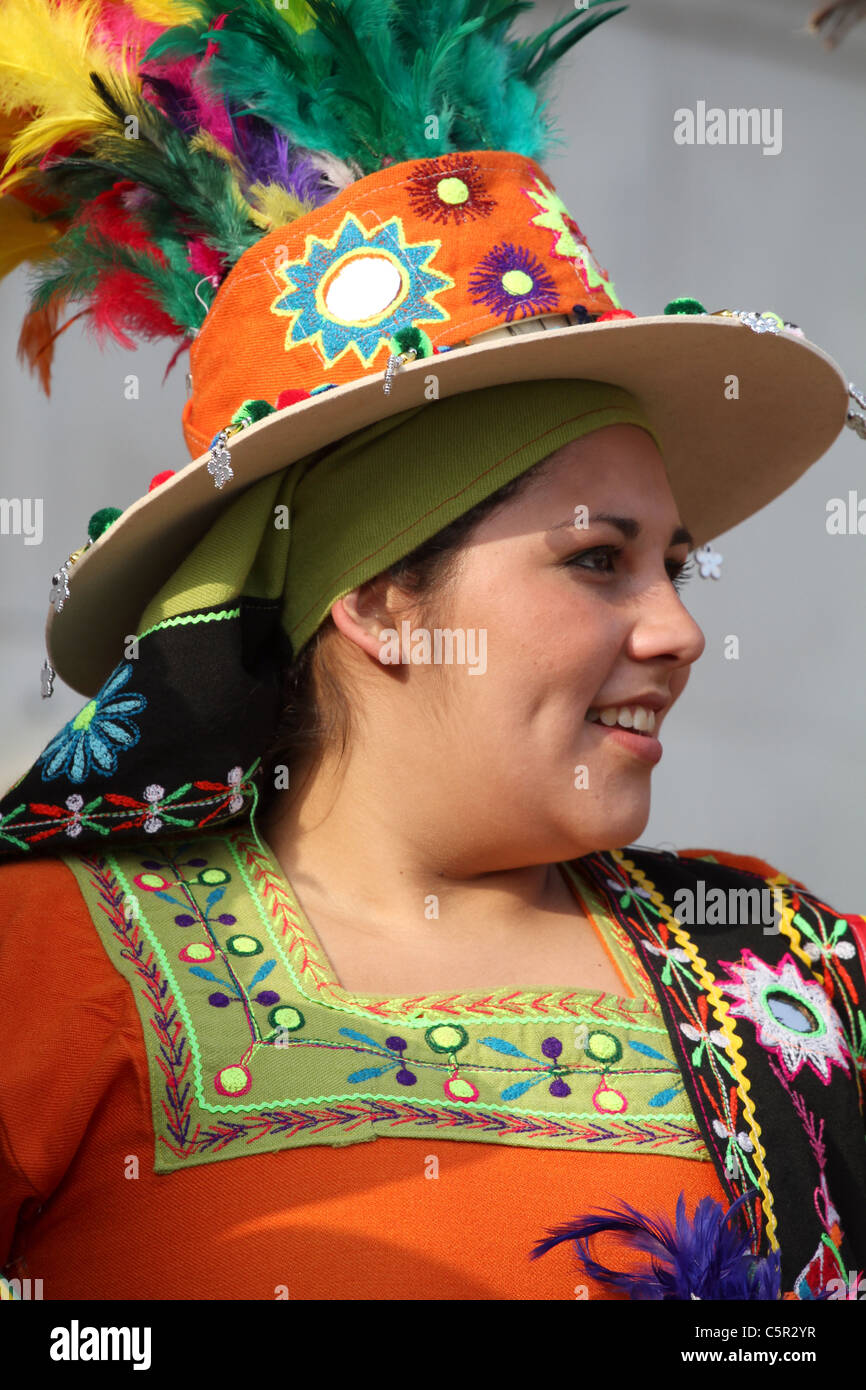 BOLIVIA. Native Aymara and Quechua dancer with traditional costume at a ...