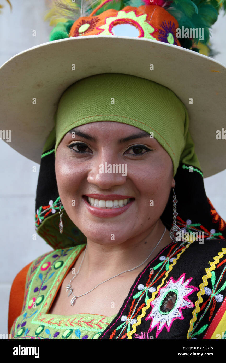 BOLIVIA. Native Aymara and Quechua dancer with traditional costume at a ...