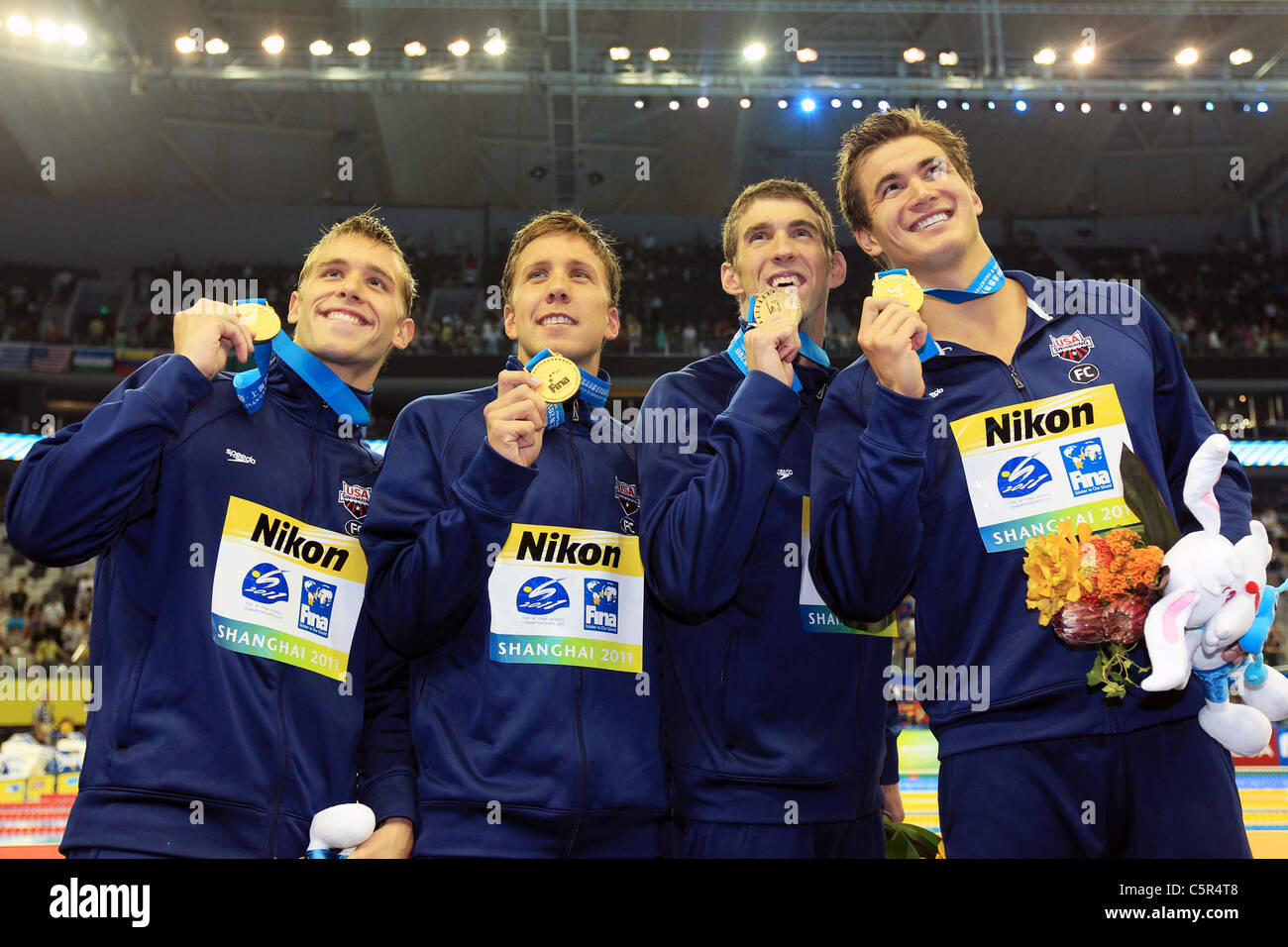 (L to R) Nicholas Thoman, Mark Gangloff, Michael Phelps, Nathan Adrian ...