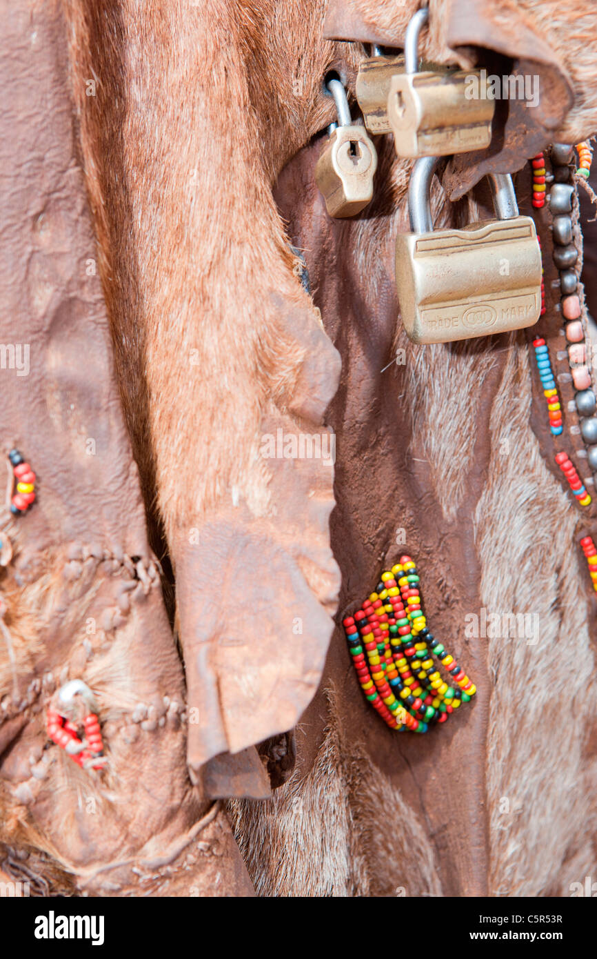 Detail of a traditional decorated goatskin worn by the Hamer ...