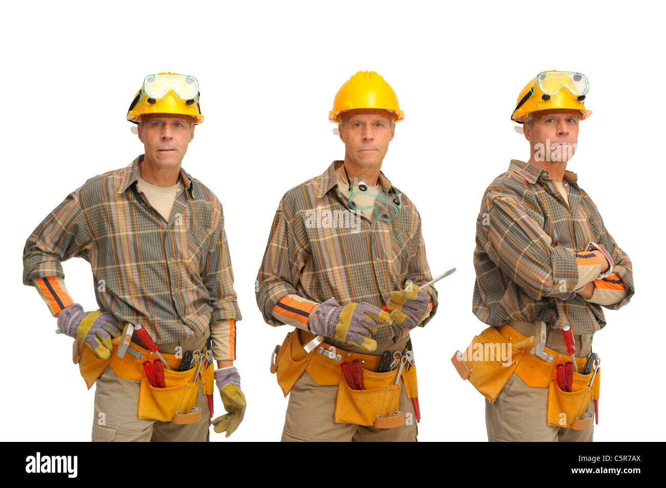 Worker in several positions with hat isolated in white Stock Photo - Alamy