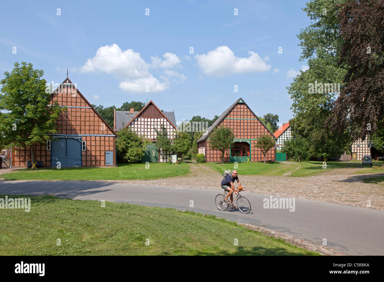 half-timbered houses in the round village Satemin, Wendland, Lower ...